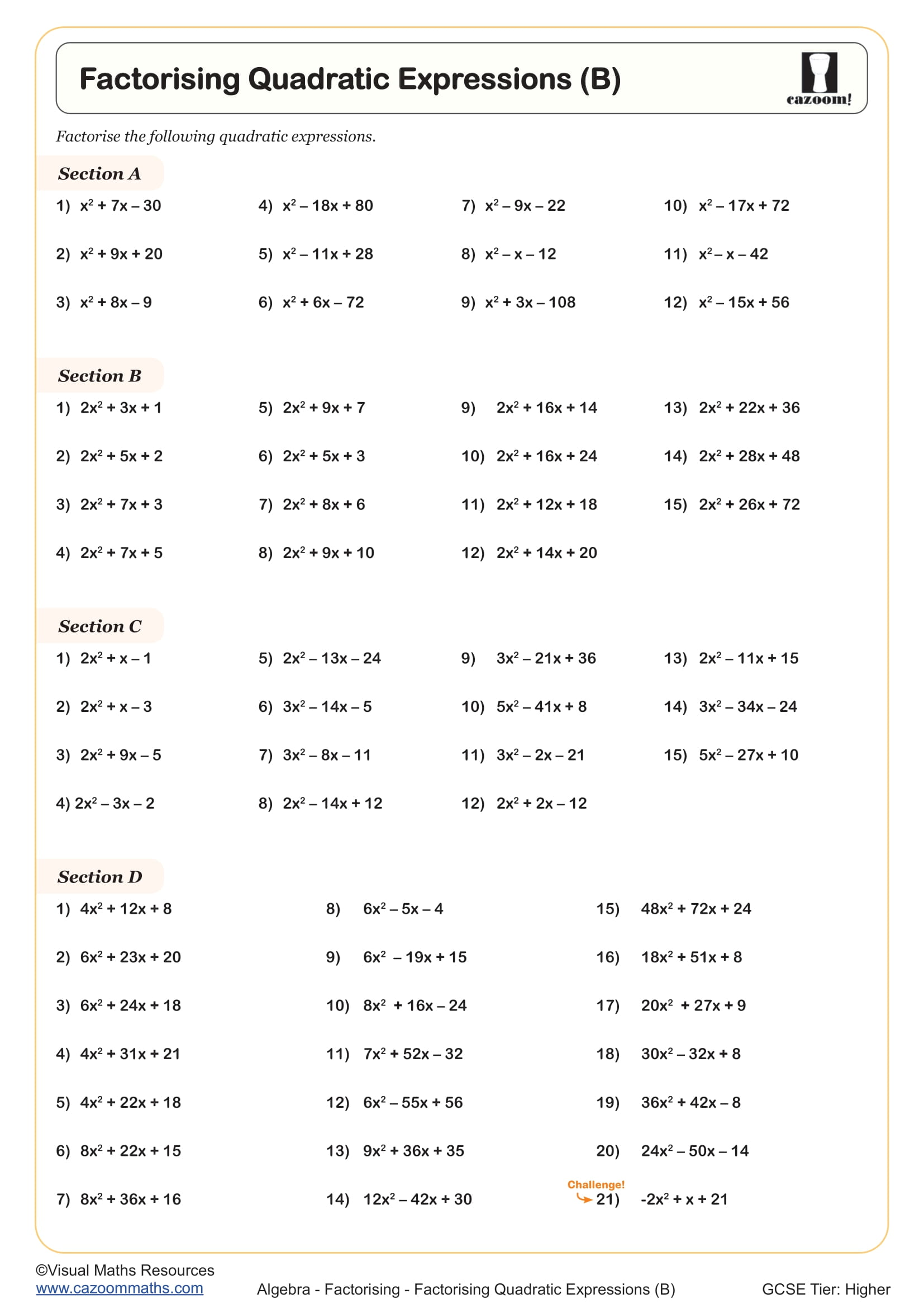 Factorising Quadratic Expressions - Using the Area Model (A) Worksheet | Fun and Engaging Year ...